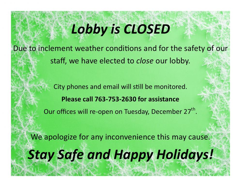 Lobby Closed-12/22 | St. Francis Minnesota