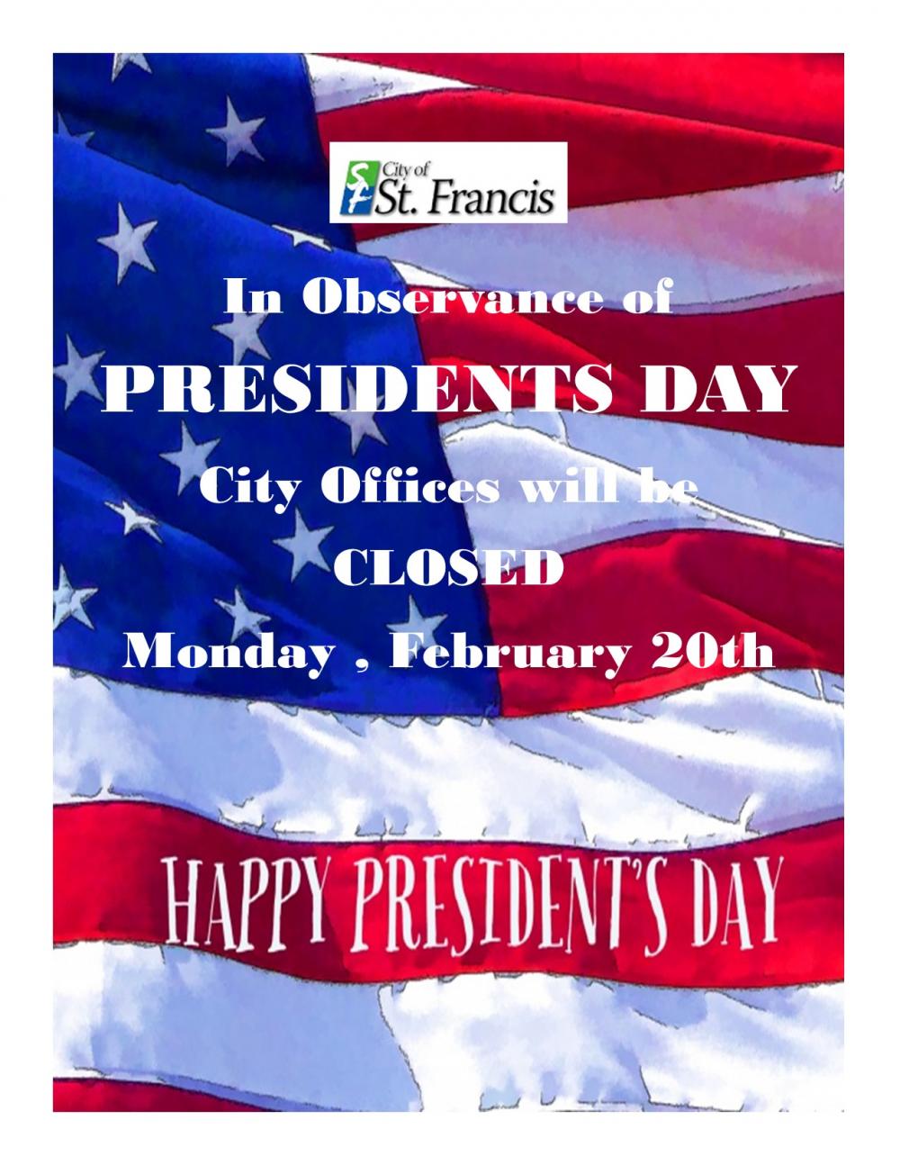 City Offices- CLOSED Presidents day | St. Francis Minnesota